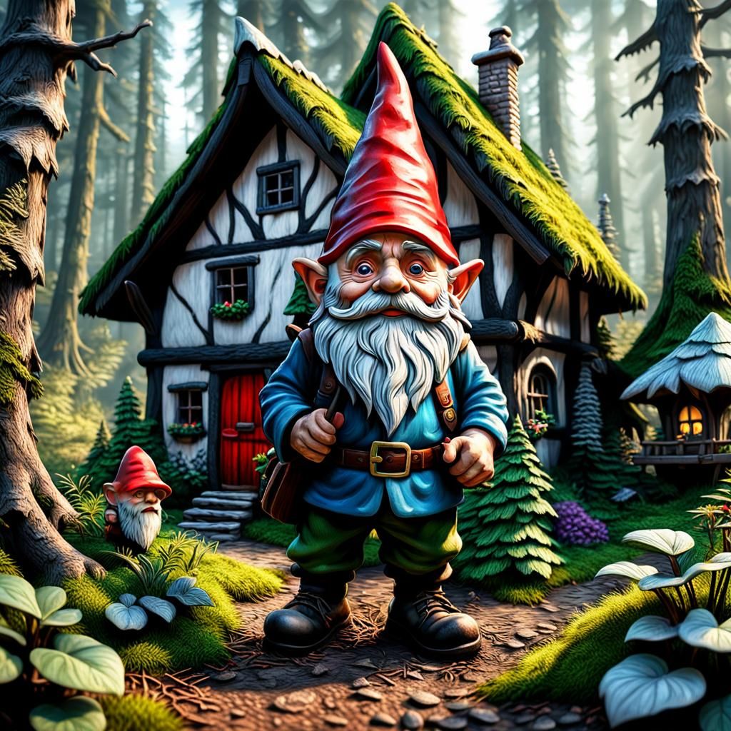 a gnome in the forest by a cottage intricate details, HDR, beautifully ...