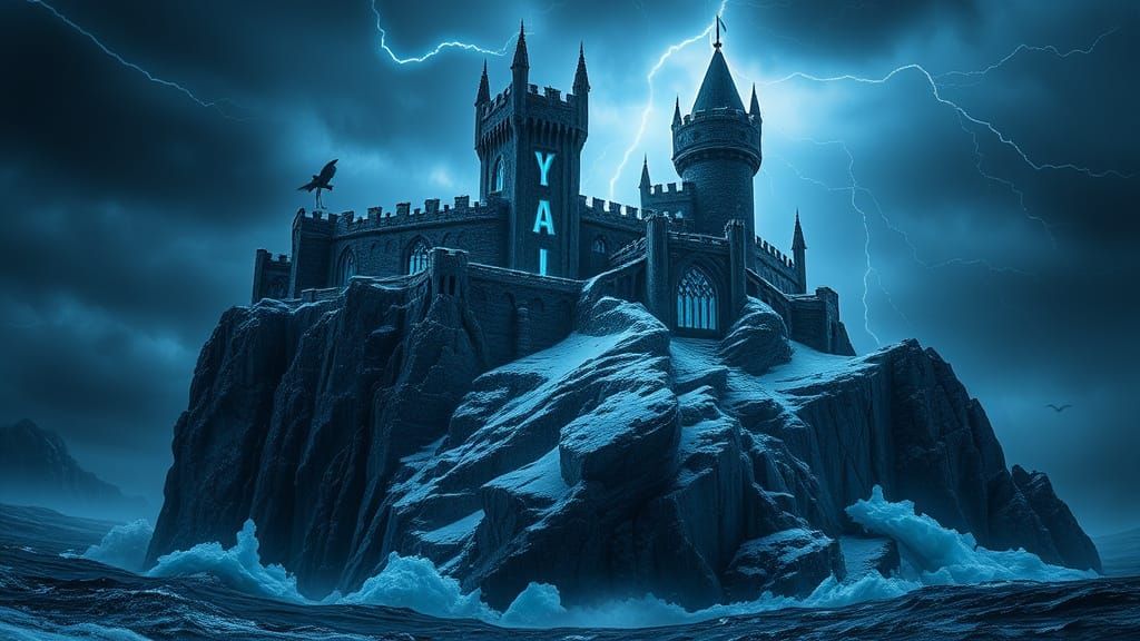 Ethereal Obsidian Castle on Crystal Cliff, Shroude... - AI Art