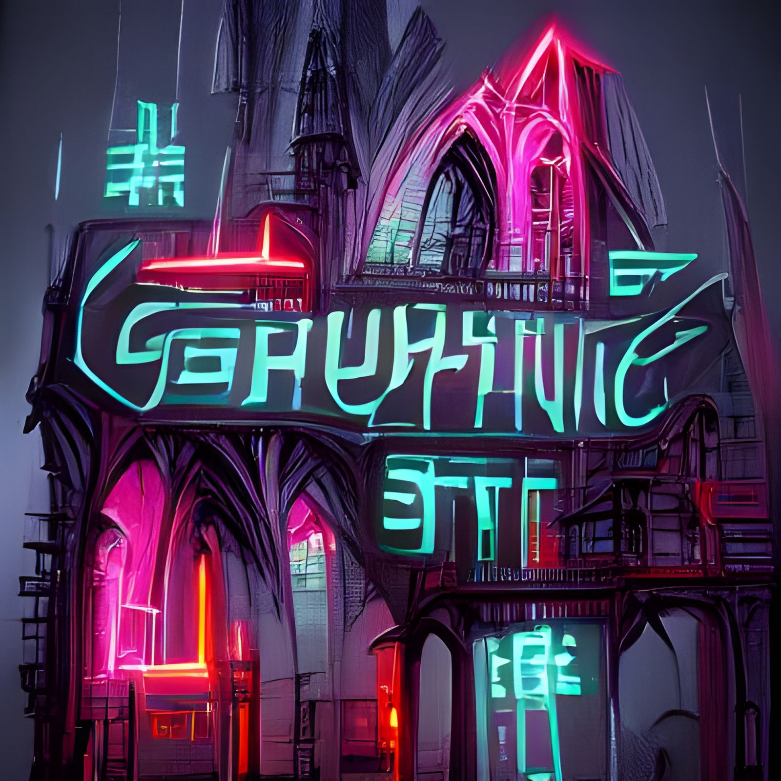 Gothic cyberpunk architecture with neon signs - AI Generated Artwork ...