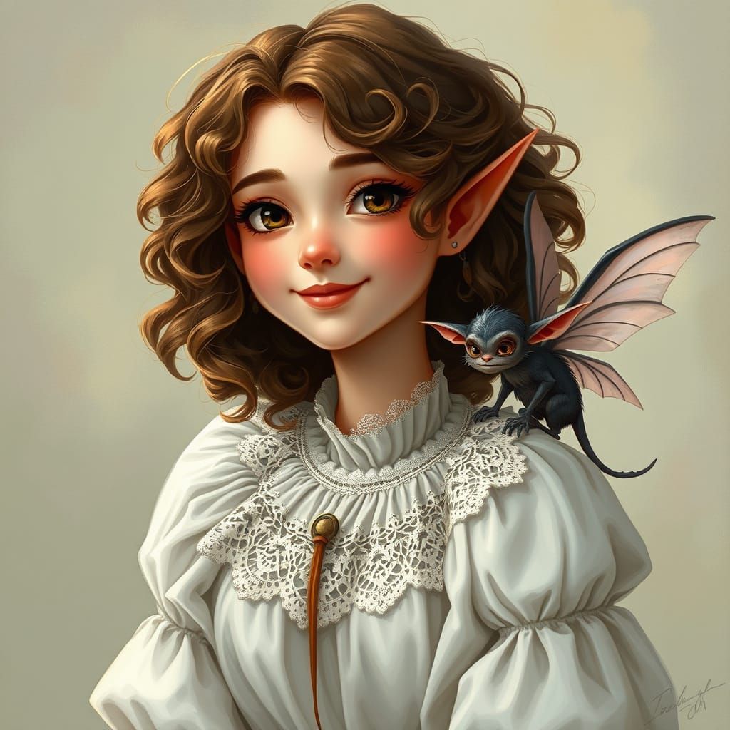 "Cute Imp on a woman's shoulder" - Whimsical Woman with Misc...