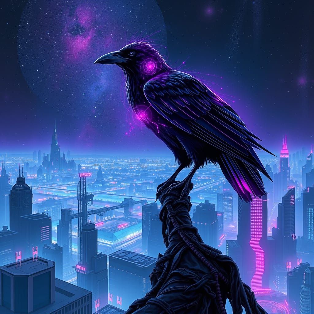 Cyberpunk Raven in a Galactic Cityscape - AI Art
