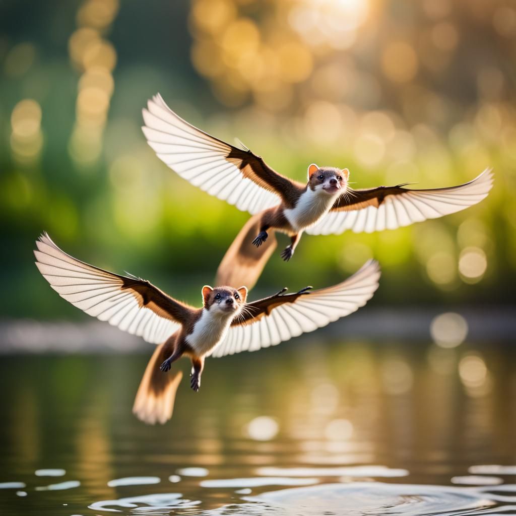 Weasels with Wings flying over the pond - AI Generated Artwork ...