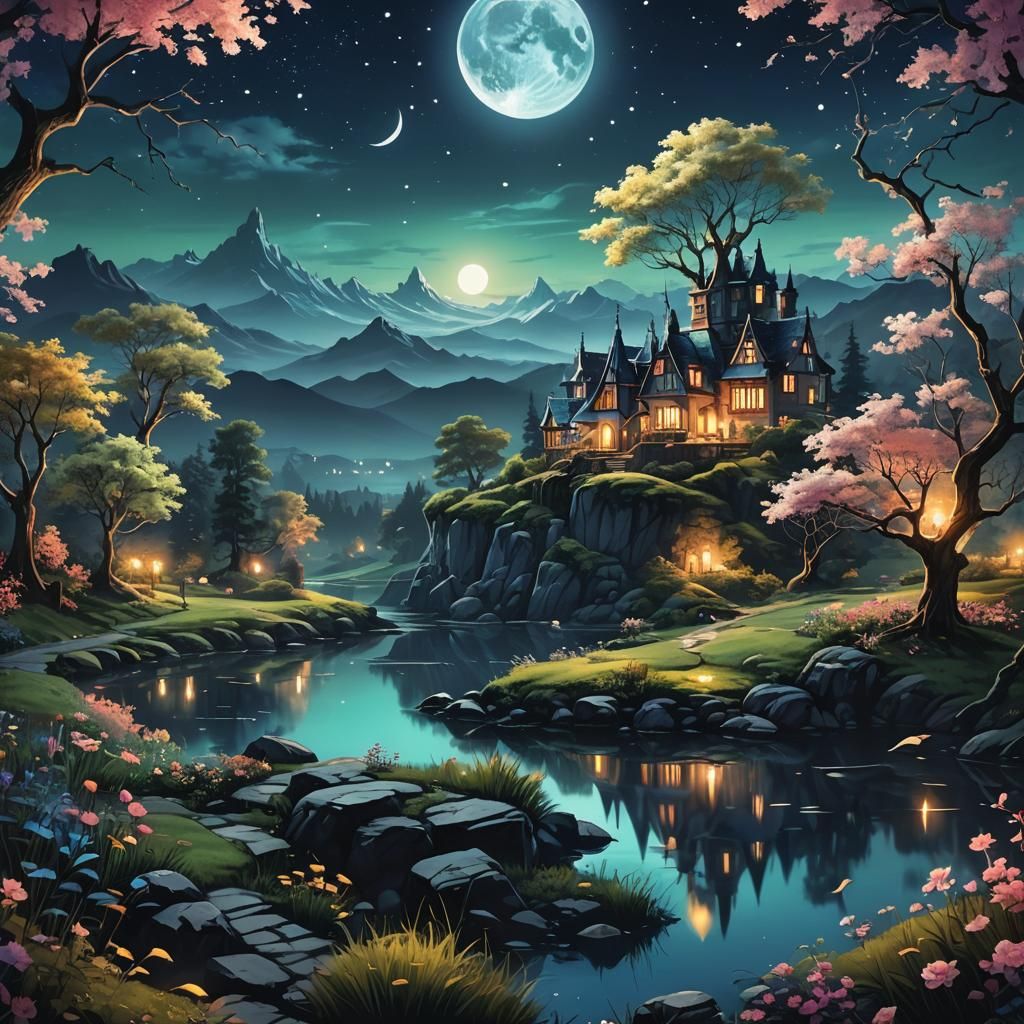 Enchanted landscape by night sky moonlight gradients fades beautiful ...
