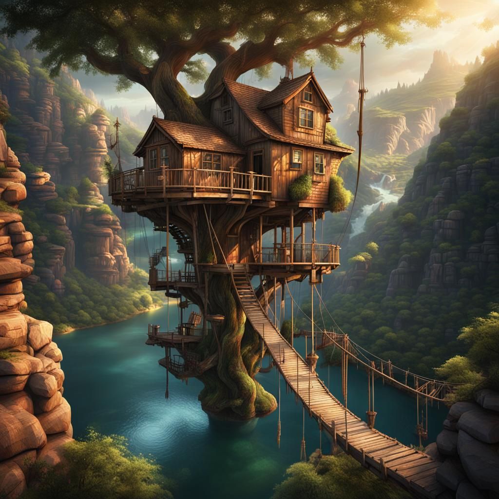 unusual treehouse in the canyon , with a rope bridge across the river ...