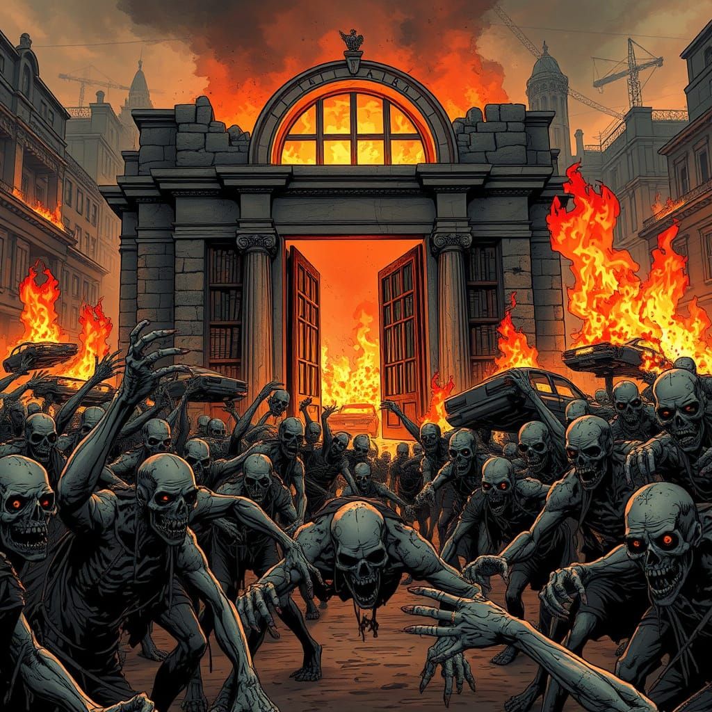 Zombies Shamble at Grand Library Entrance in Apoca... - AI Art