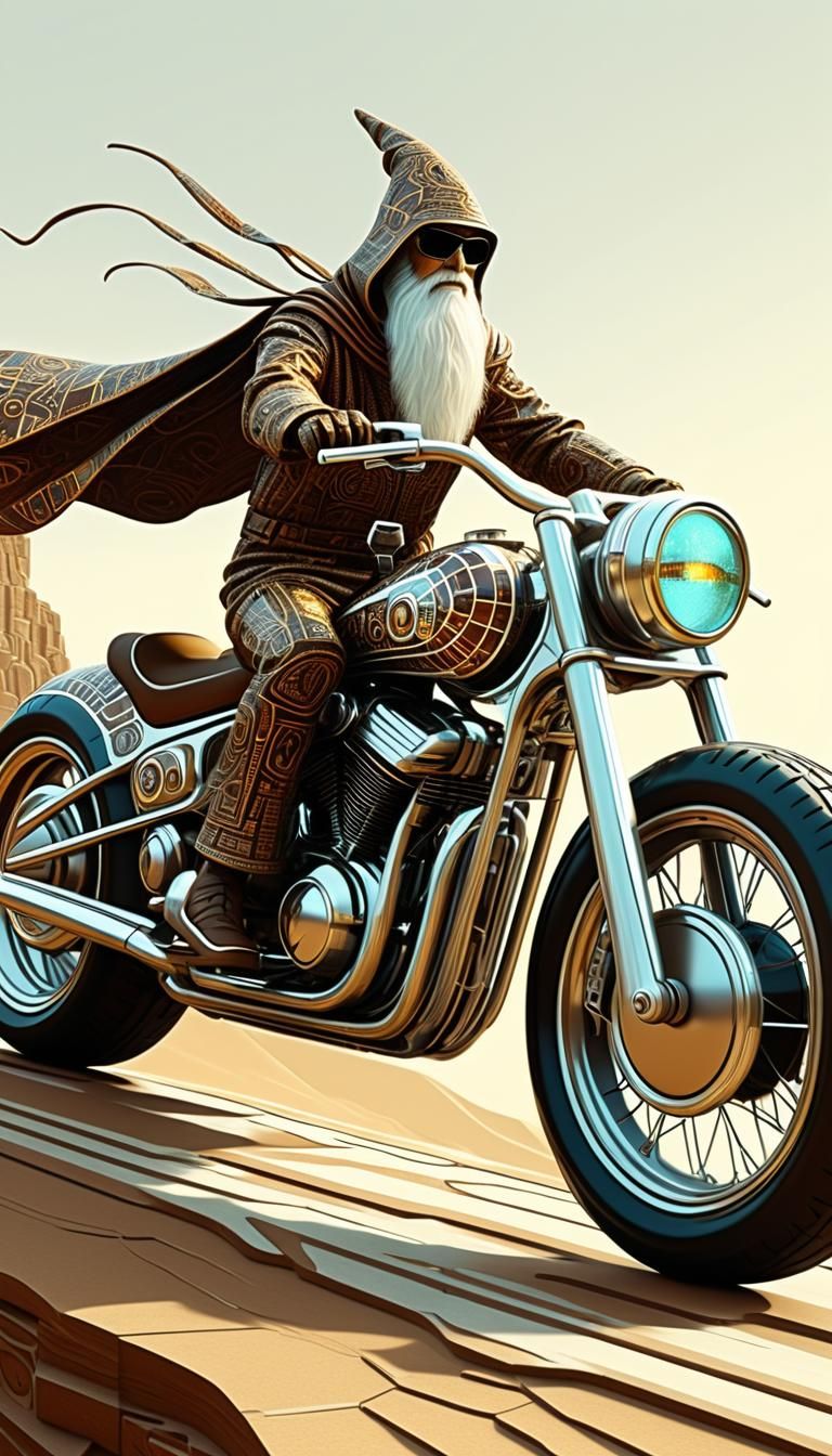 A wizard riding a futuristic motorcycle Roger Dean precisionism mosaic ...