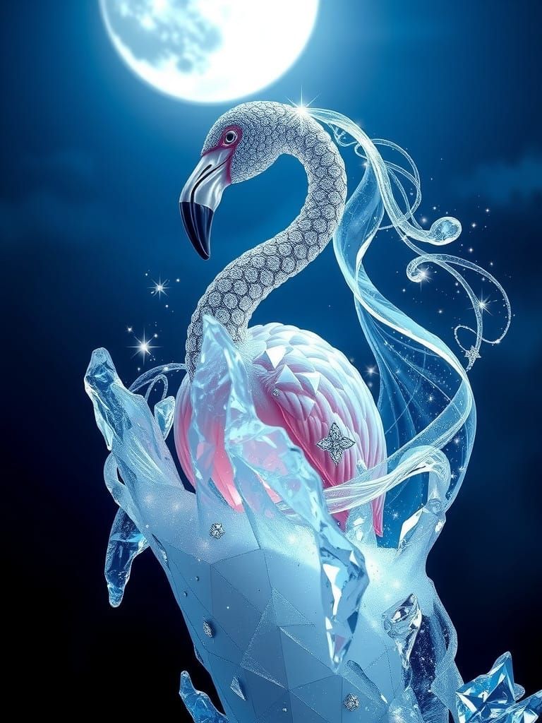 Crystal Flamingo in Celestial Dreams, Hyper-Realis... - AI Art