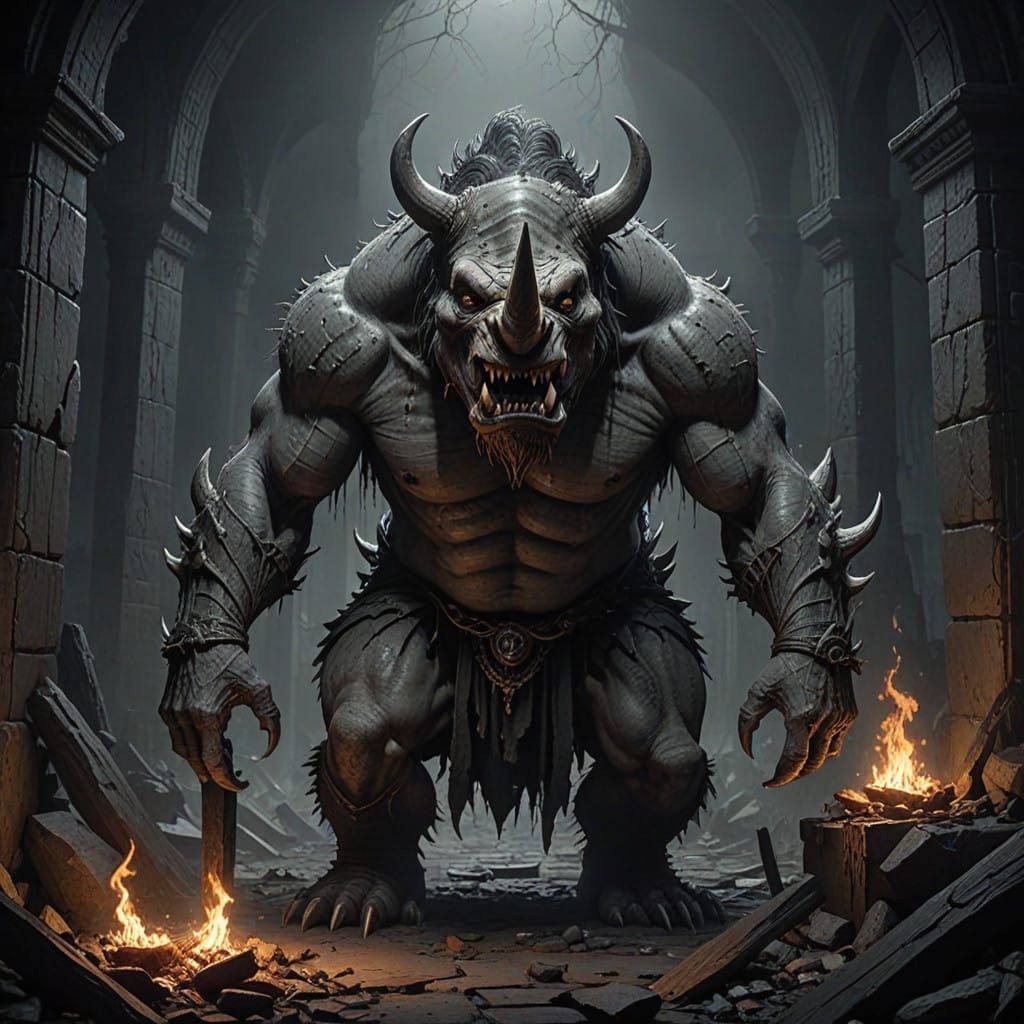 Gothic Troll with Rhinoceros Head in Dark Fantasy ... - AI Art