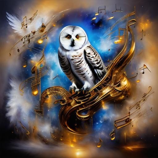 Surreal Snowy Owl Shines with Vibrant Musical Stri... - AI Art