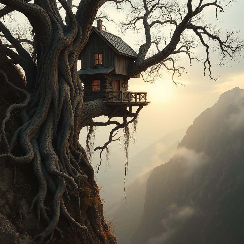Abandoned tree house on a cliff - Weathered Treehouse on An...