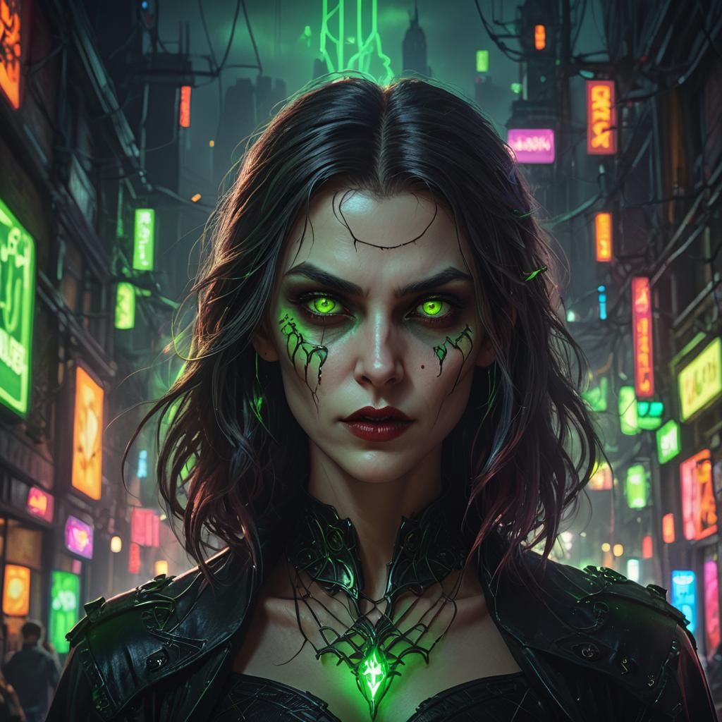 Female vampire with green eyes and neon lights - AI Generated Artwork ...