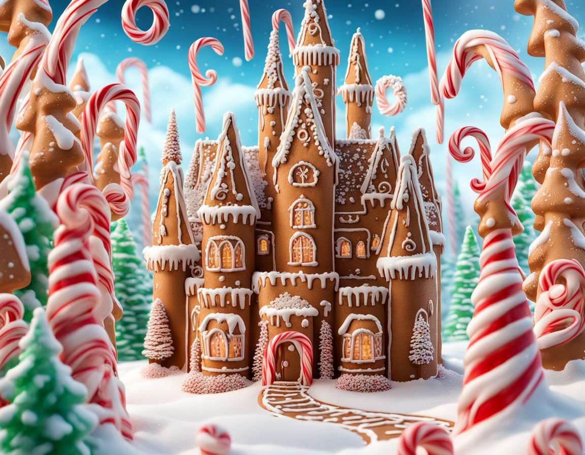 Highly detailed gingerbread castle surrounded by a candy cane forest ...
