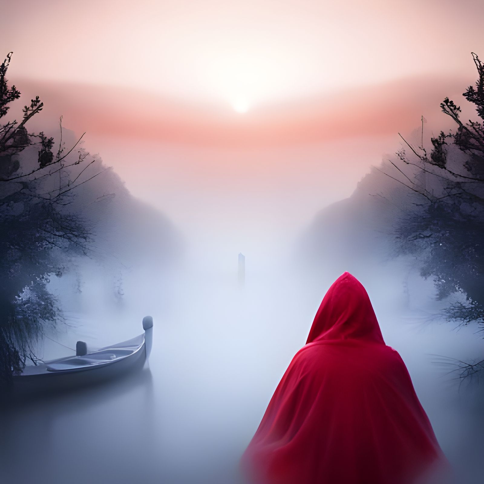 "Create an image that captures the eerie beauty of a foggy scene. a ...