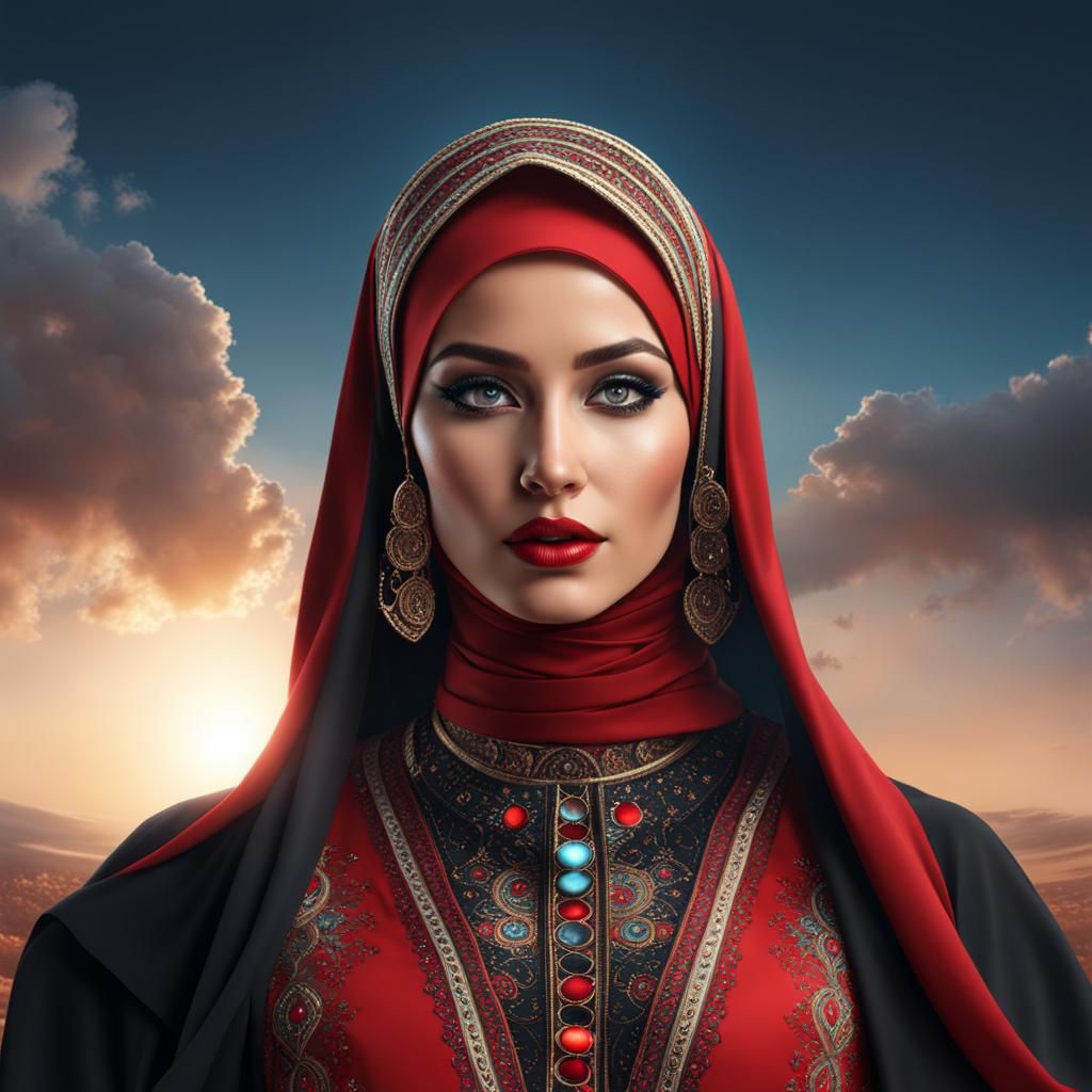 blonde hijabi girl wearing a futuristic traditional Palestinian dress ...