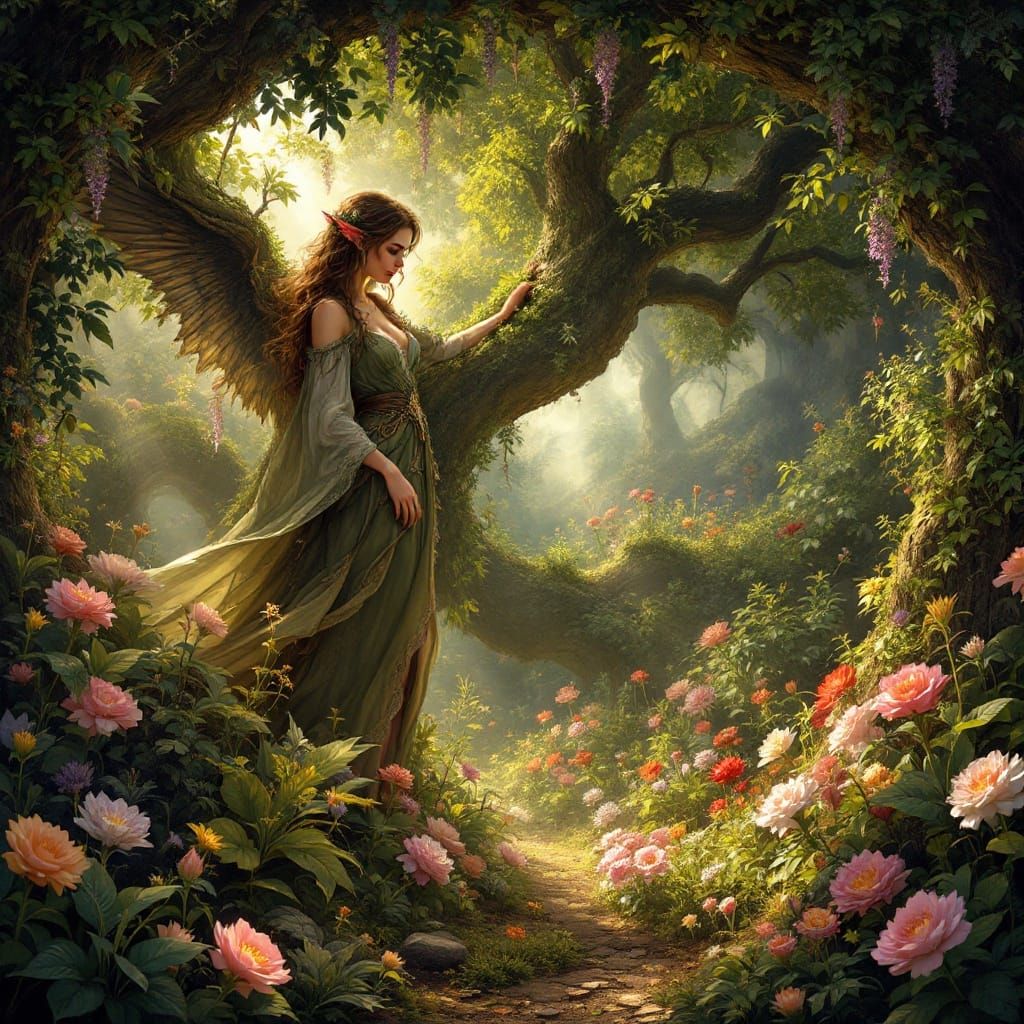 Tending the Trees - Sylvan Goddess Tending Luminous Trees in...