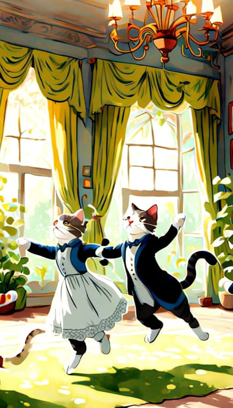 Two Cats Dancing in a Wedding Hall Afternoon Story... - AI Art