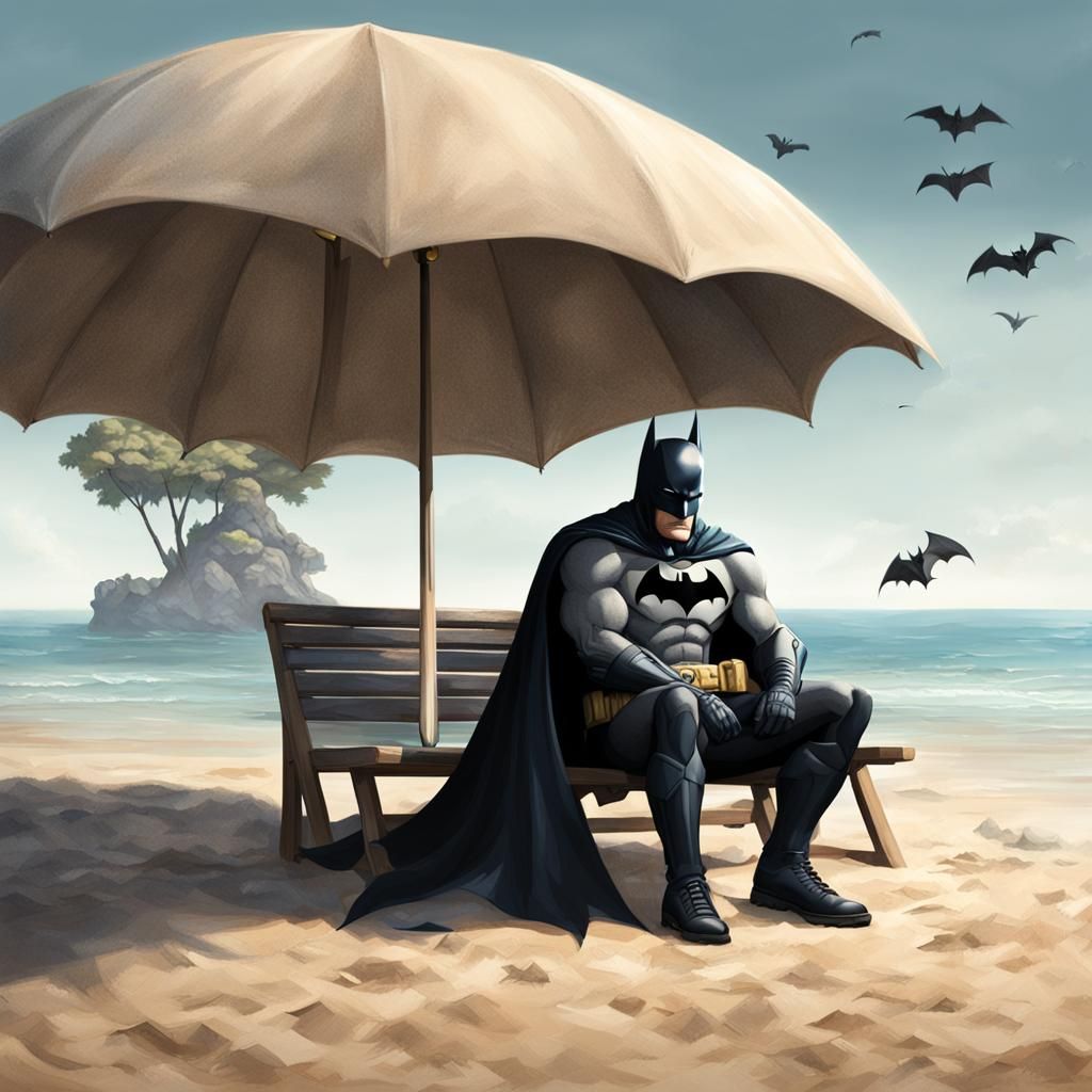 Batman sits under a parasol on the beach. Peaople are enjoying the ...