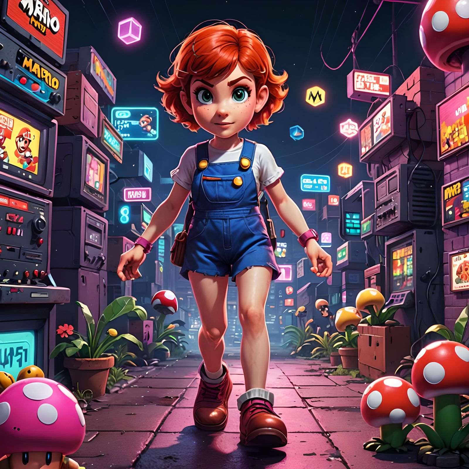 Barefoot Redhead girl with a pixie cut helps Super Mario, synthwave ...