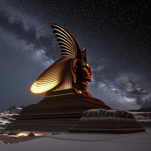 Insanely detailed photorealistic ornate midnight black cosmic sphinx ...