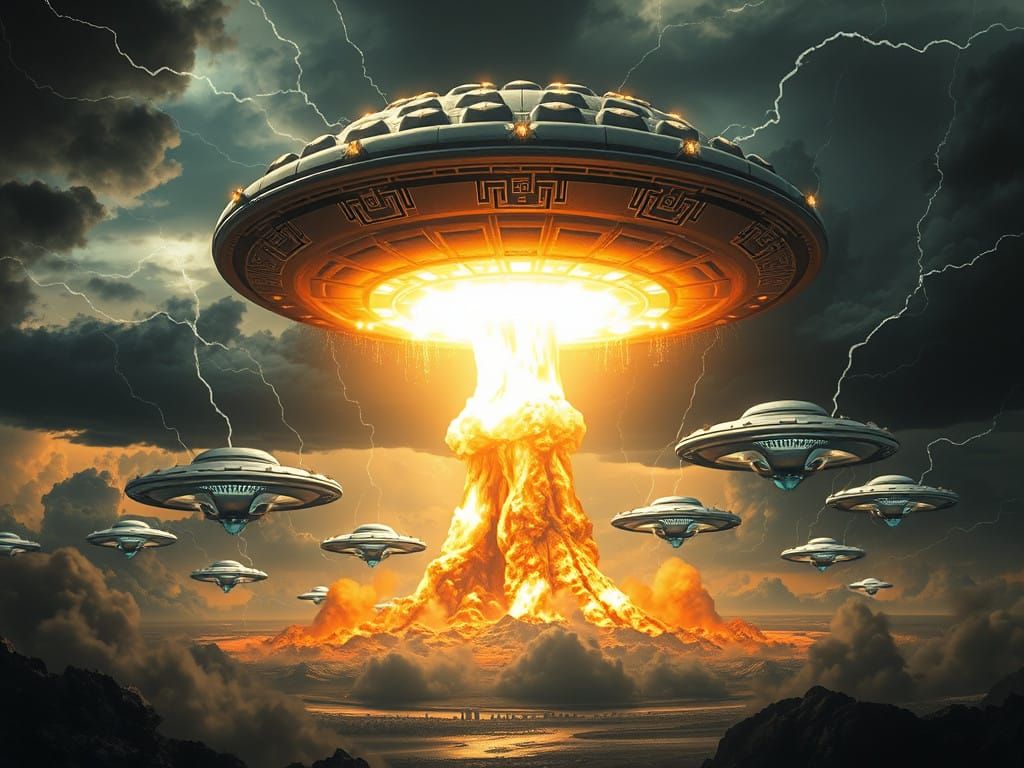 Sleek UFOs Defuse Massive Nuclear Explosion in Fut... - AI Art
