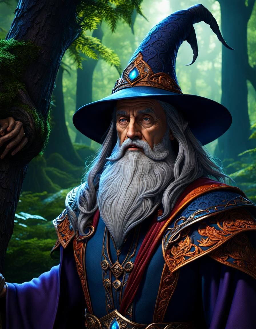 A mighty wizard in the enchanted forest, vivid colors, bold shadows ...