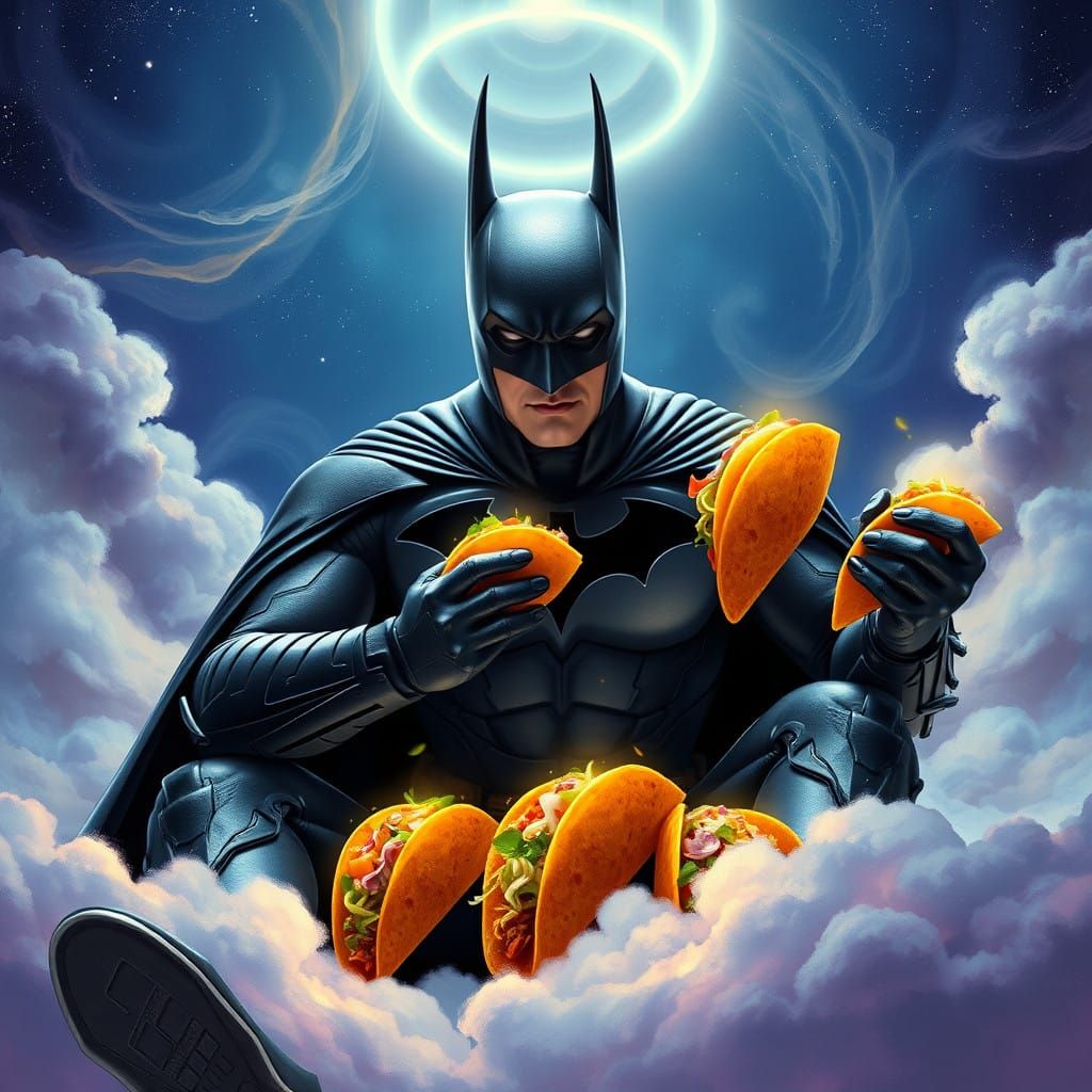 Batman eating 6 tacos - Batman Savoring Vibrant, Glowing Tac...