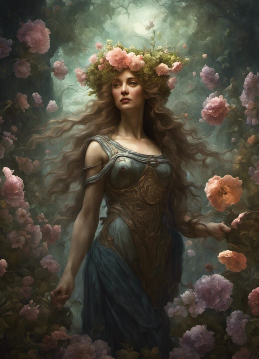 Goddess Persephone and the Spring Flowers by Leonardo da Vinci, a masterpiece, 8k resolution ...