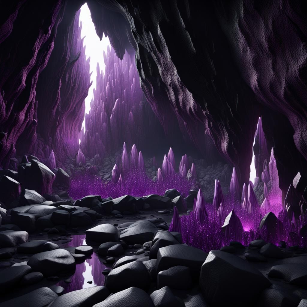 Purple crystals in a black cave on Vancouver Island - AI Generated ...