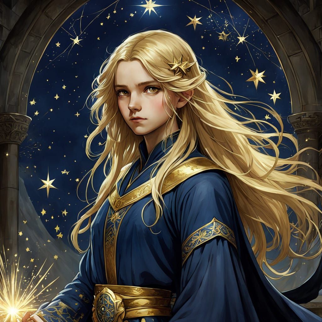 Stars And The Spell - Medieval Blond Wizard in Celestial Blu...