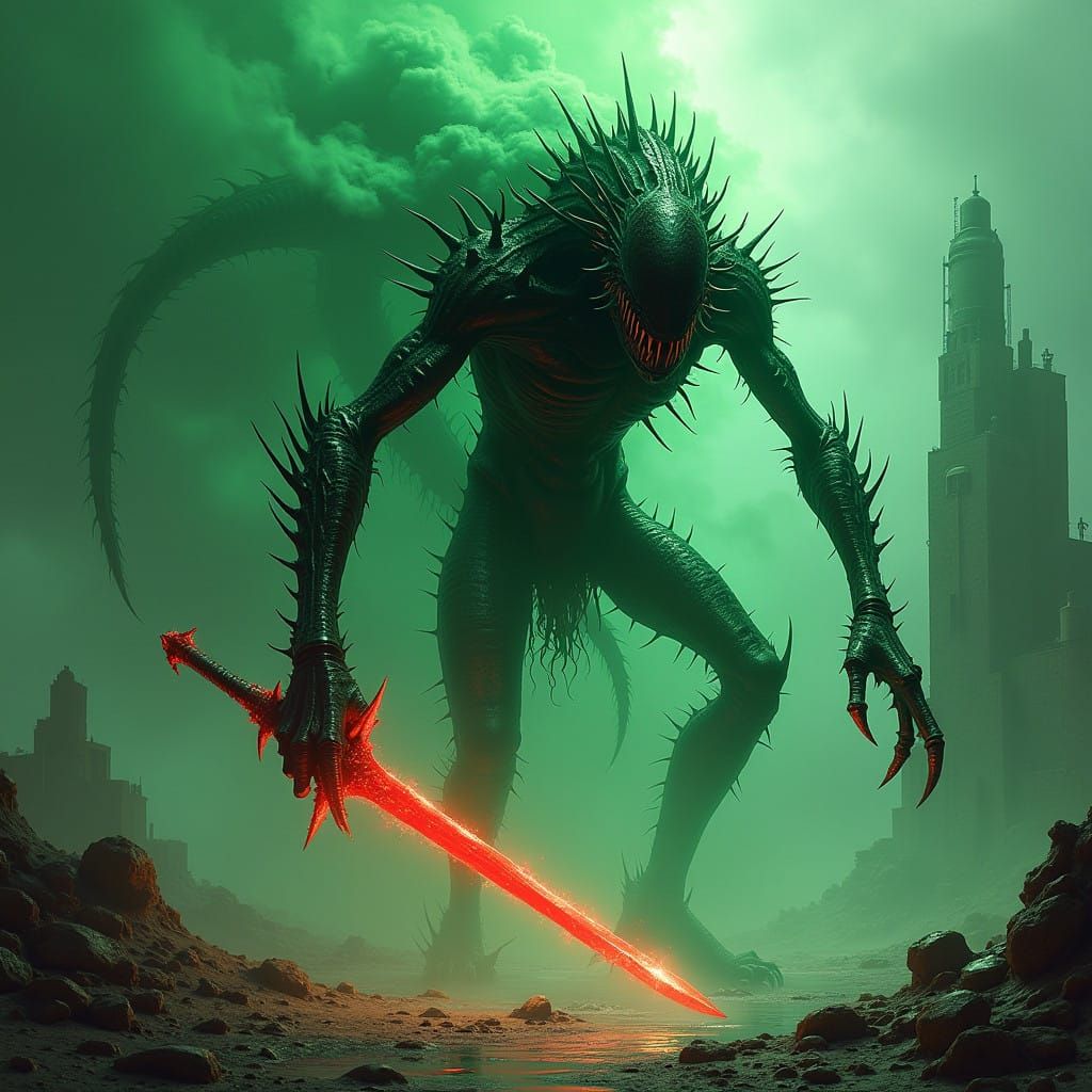 A lone, twisted, Geiger-esque alien creature, its body a mass of sharp ...