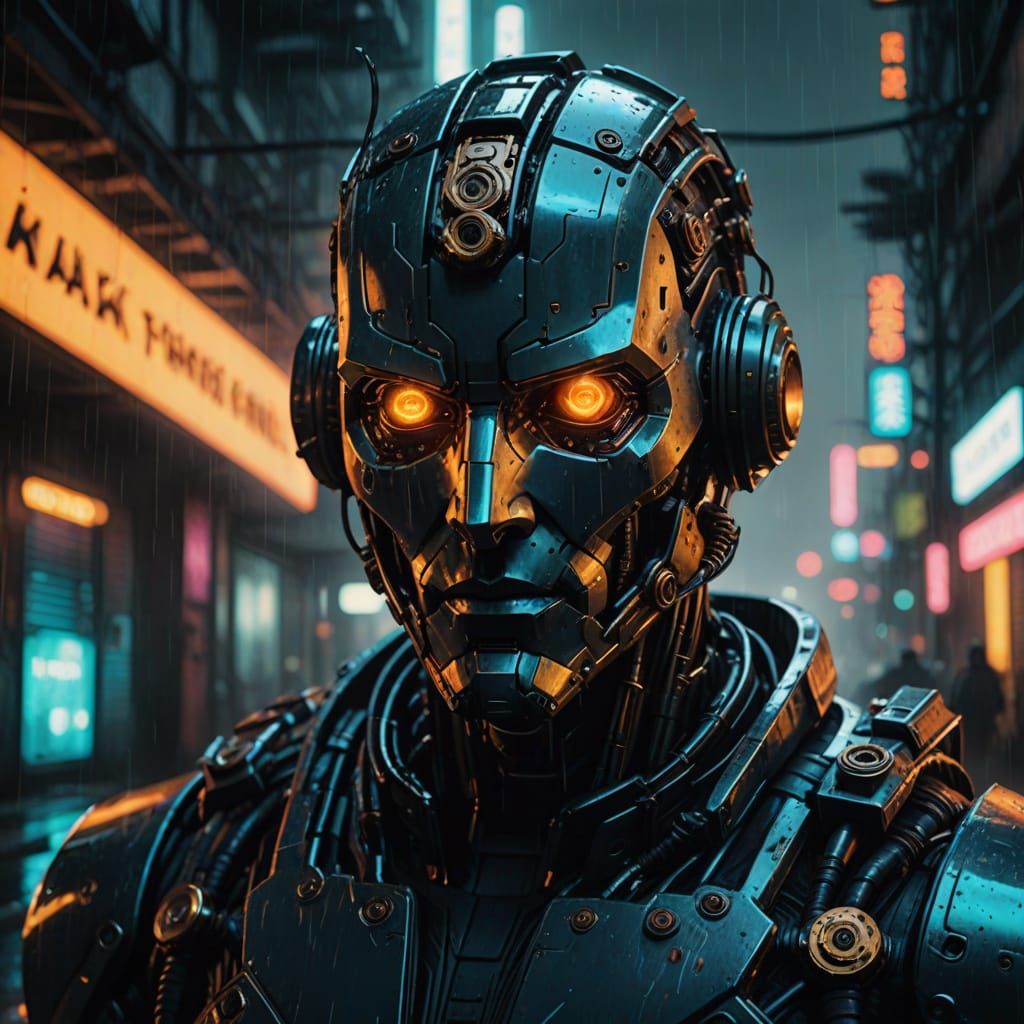 Steampunk Robot Face in Neon Cityscape - AI Art