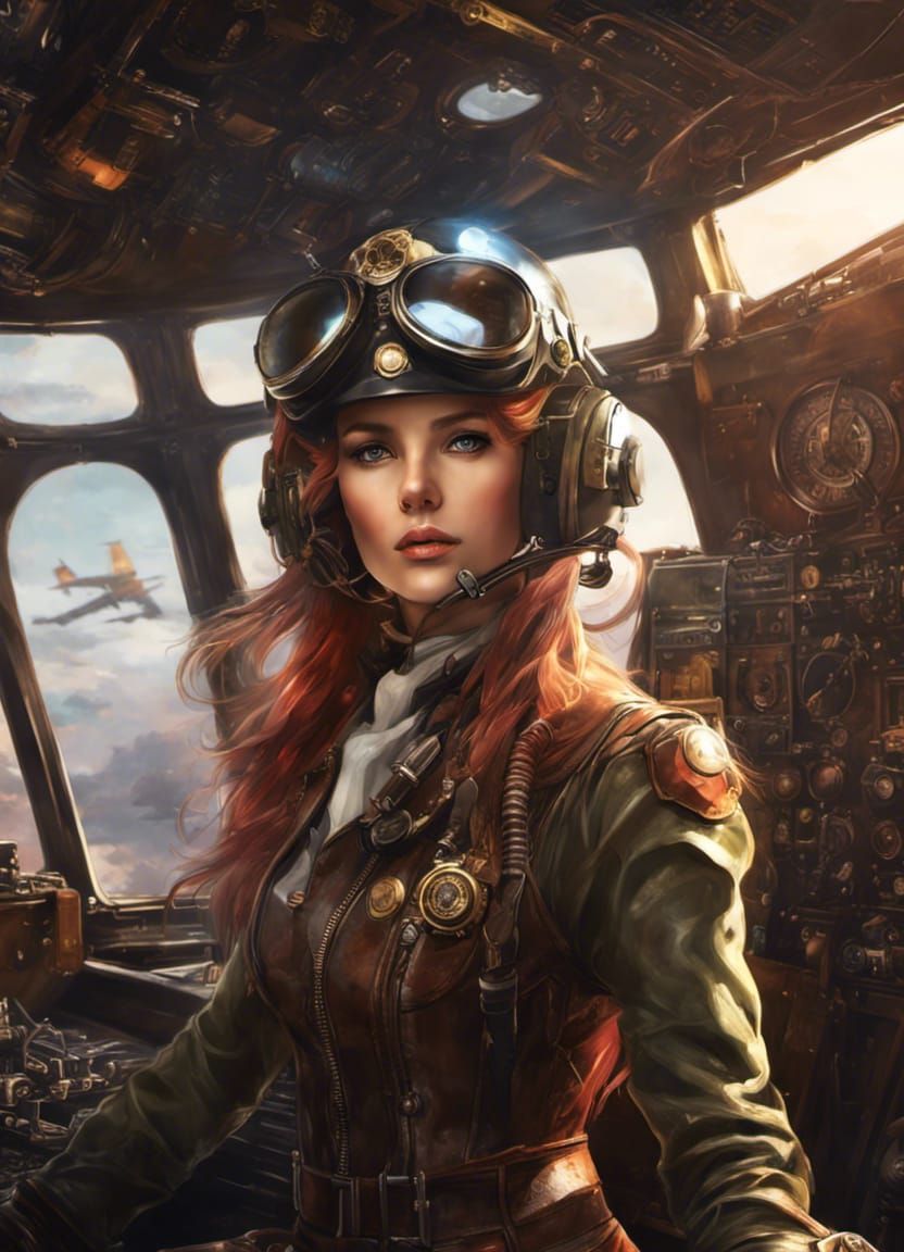 beautiful steampunk race pilot girl, cockpit, long colored hair, pilot ...