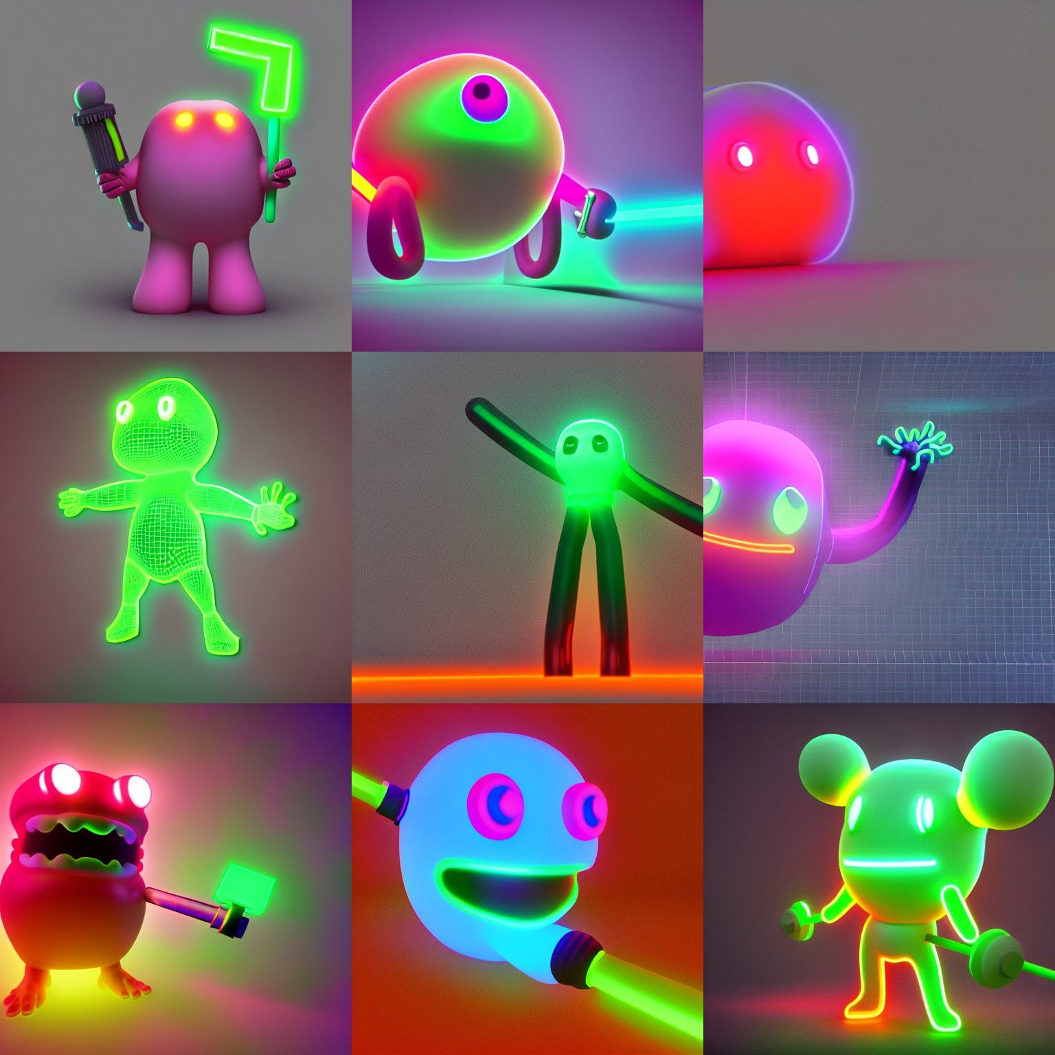 A happy glowing neon blob monster, with a shining glowing hammer, 3D ...
