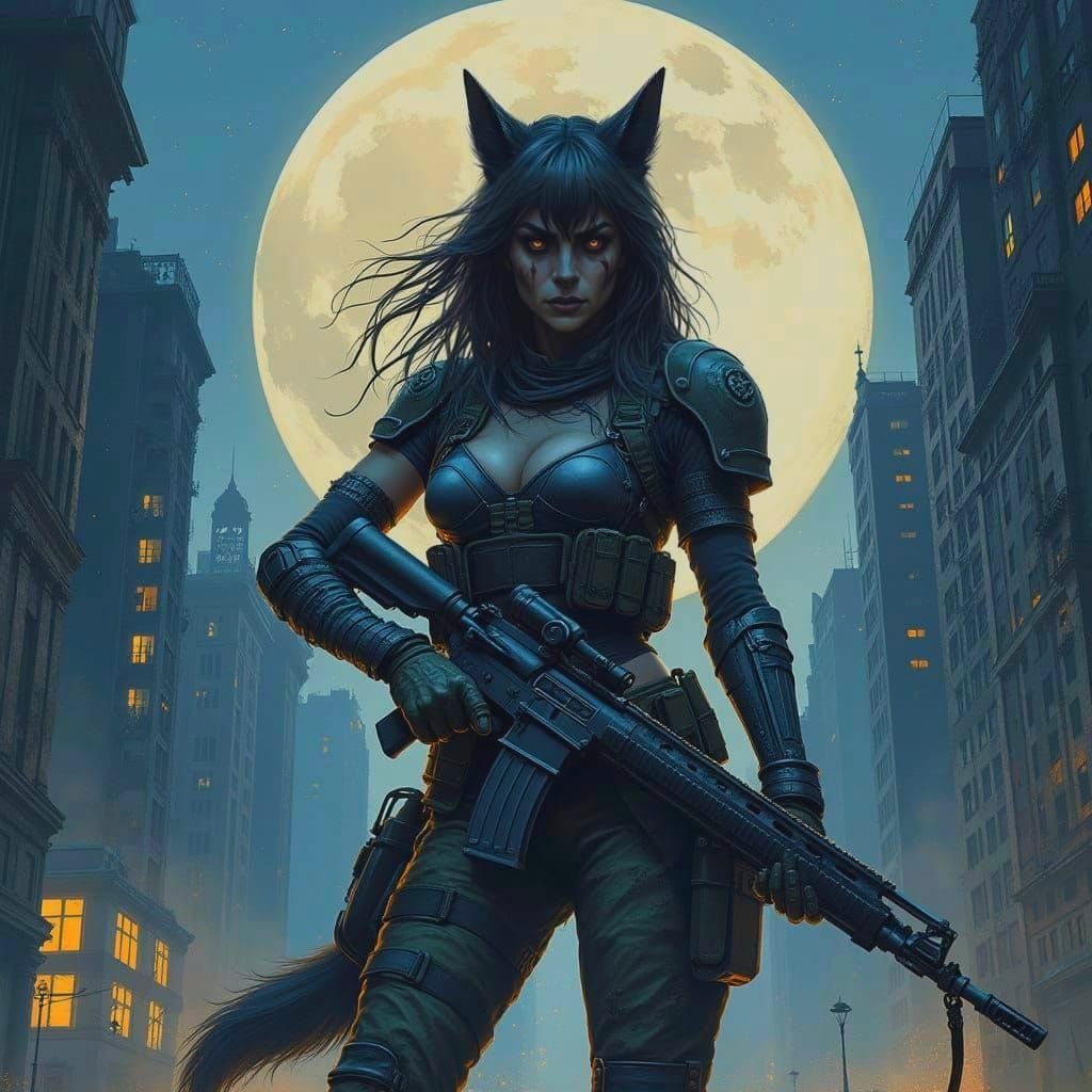 Cyberpunk Female Werewolf Soldier Unleashed - AI Art
