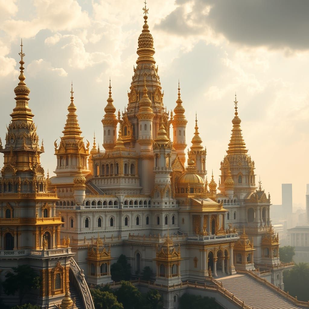 Golden Siamese Palace Castle Rises Above Bangkok i... - AI Art
