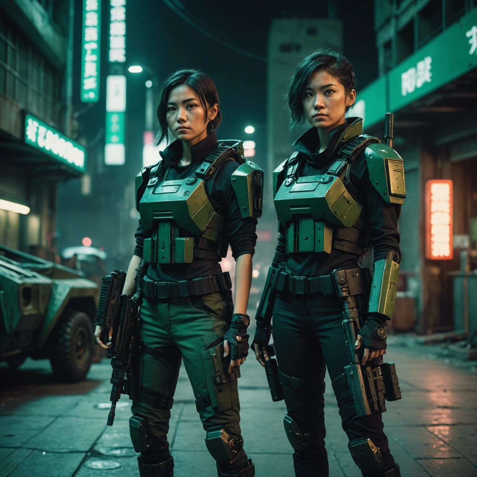 Two Japanese cyberpunk officers in dark green gear are ready to patrol ...