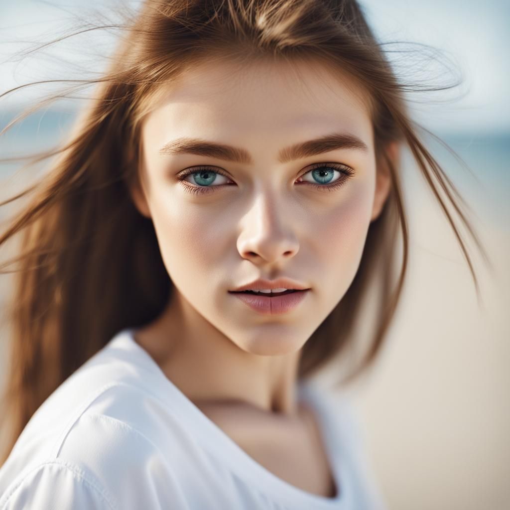 Beauty Teenage Girl In A White Shirt At The Beach Blurry Ai Generated Artwork Nightcafe Creator