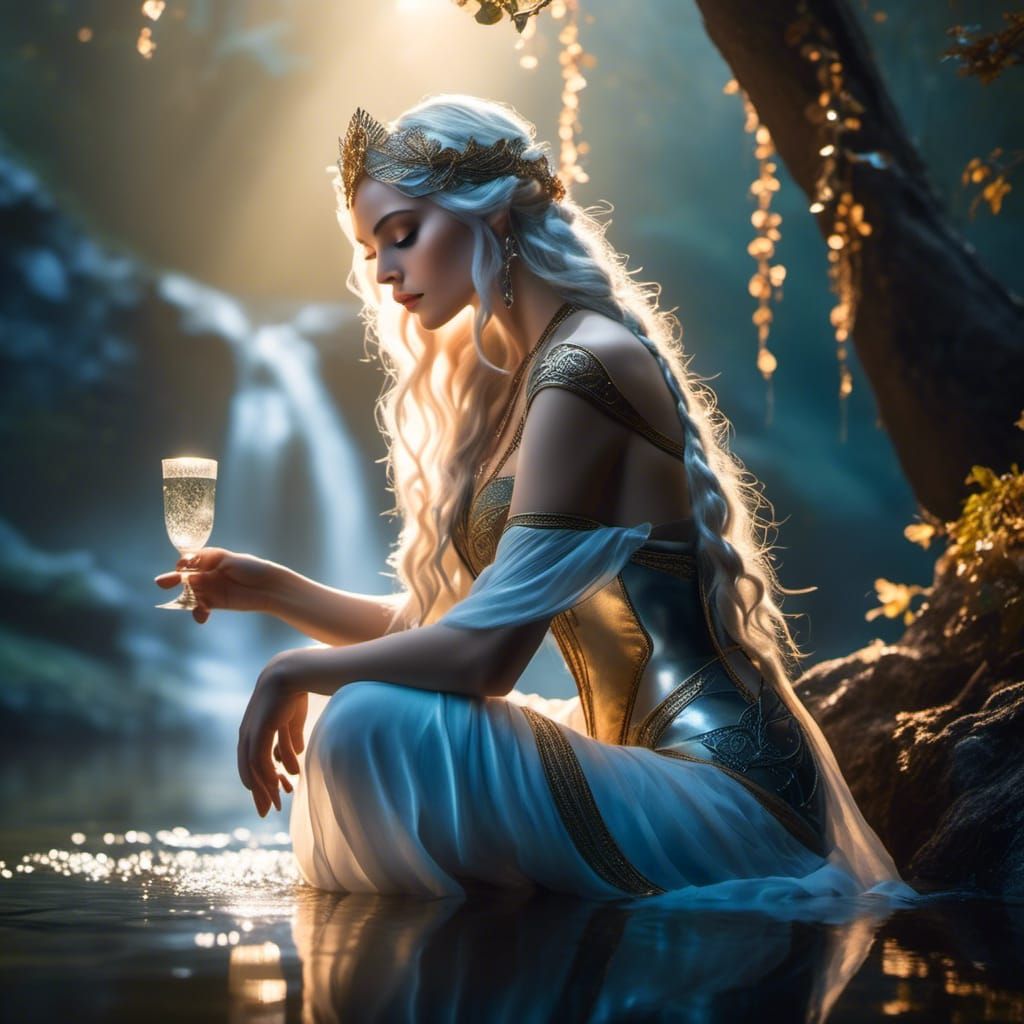 (Beautiful slightly built female elf 1.7), Seated by water, fantasy ...