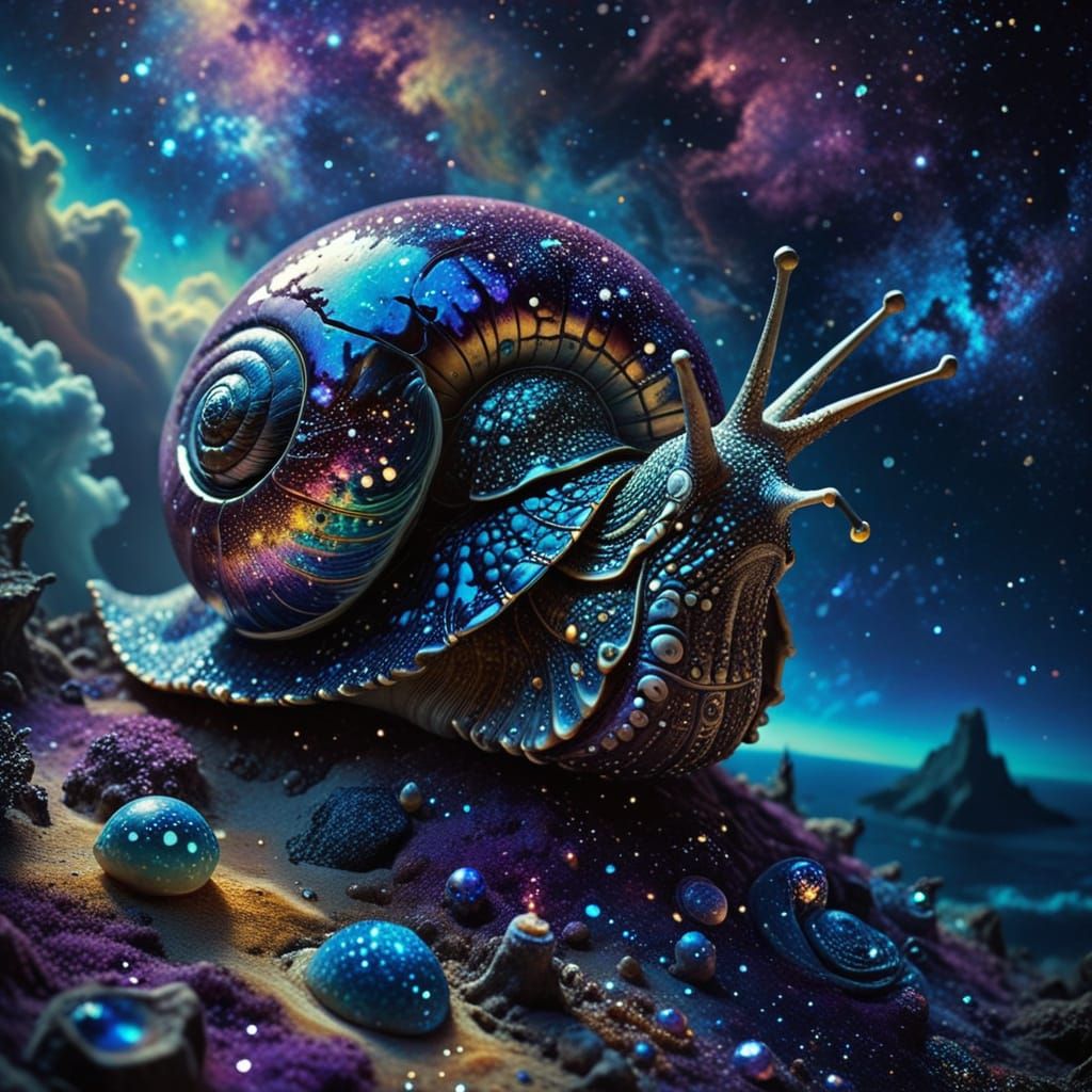 Gigantic snail covered in cosmic sequins. Its glowing spiral shell ...