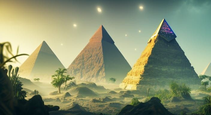 a megenta vegetation biome on an alien planet with pyramid towers ...