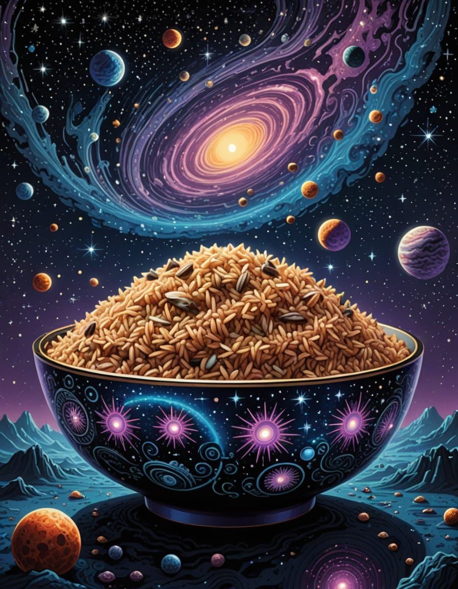 Surreal Woodcut of Dirty Rice in Cosmic Landscape - AI Art
