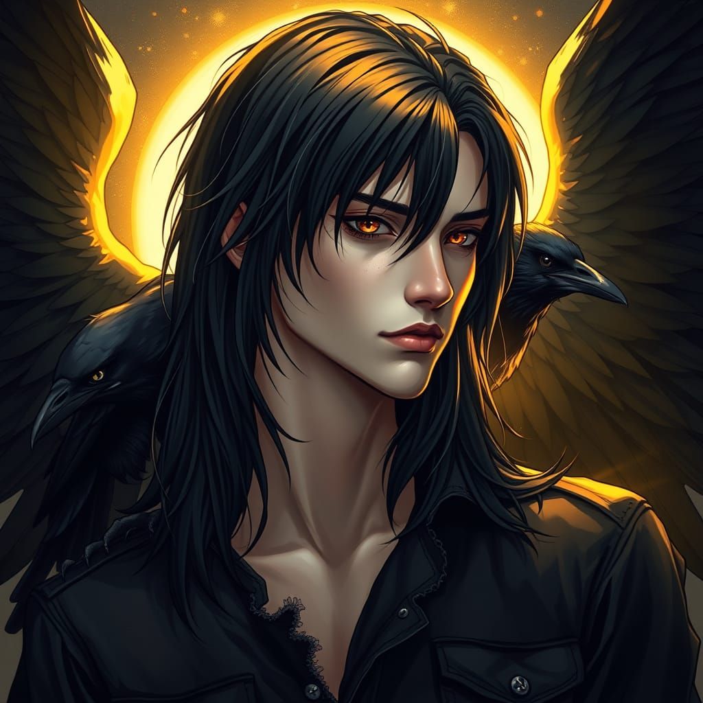Young Man with Raven Wings and Scar, Dark Fantasy ... - AI Art
