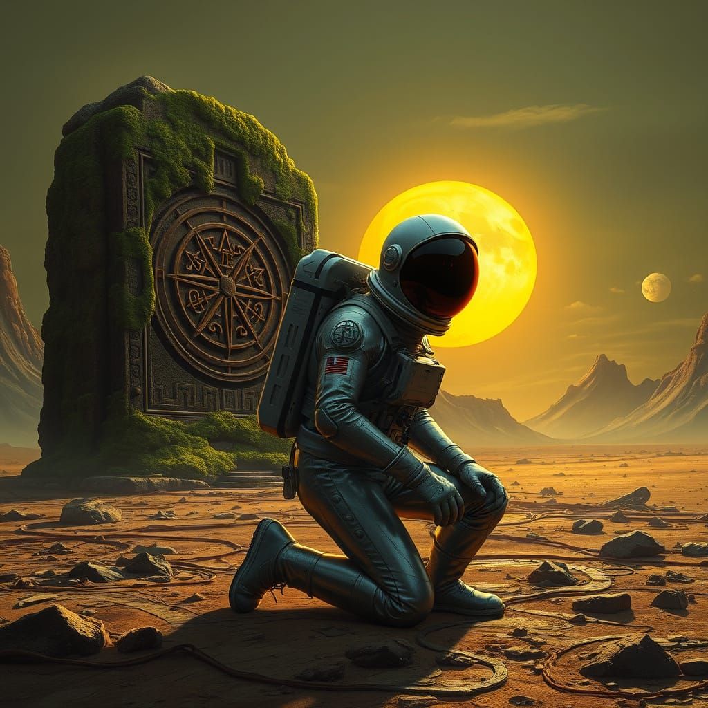 Astronaut Kneels Before Alien Monolith in Dark Sur... - AI Art