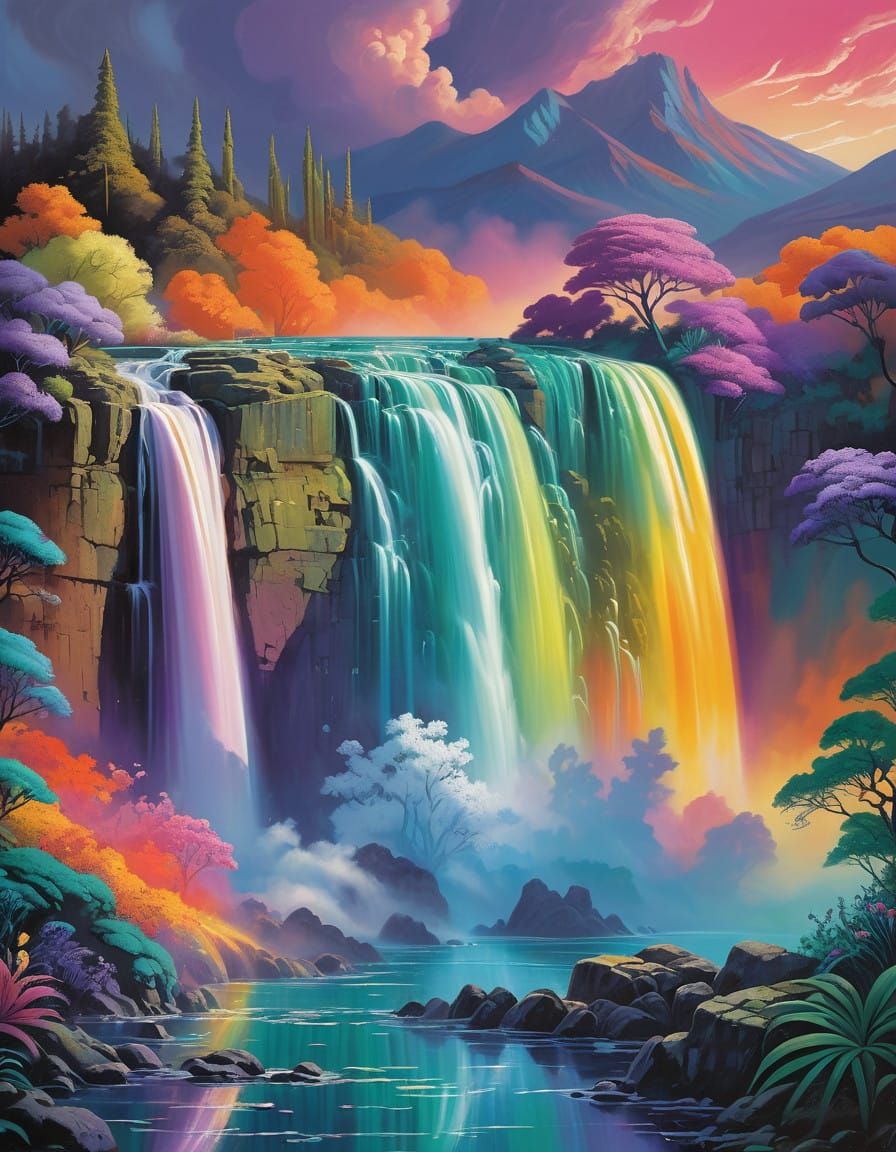 Lush emerald green cliffside with a vibrant, colorful waterfall ...