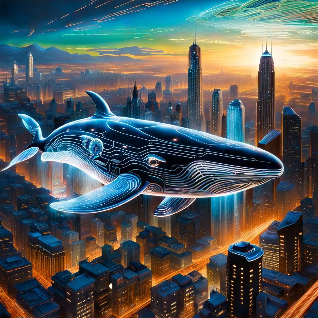 Flying Cyber-Whale above the city at dawn! - AI Generated Artwork ...