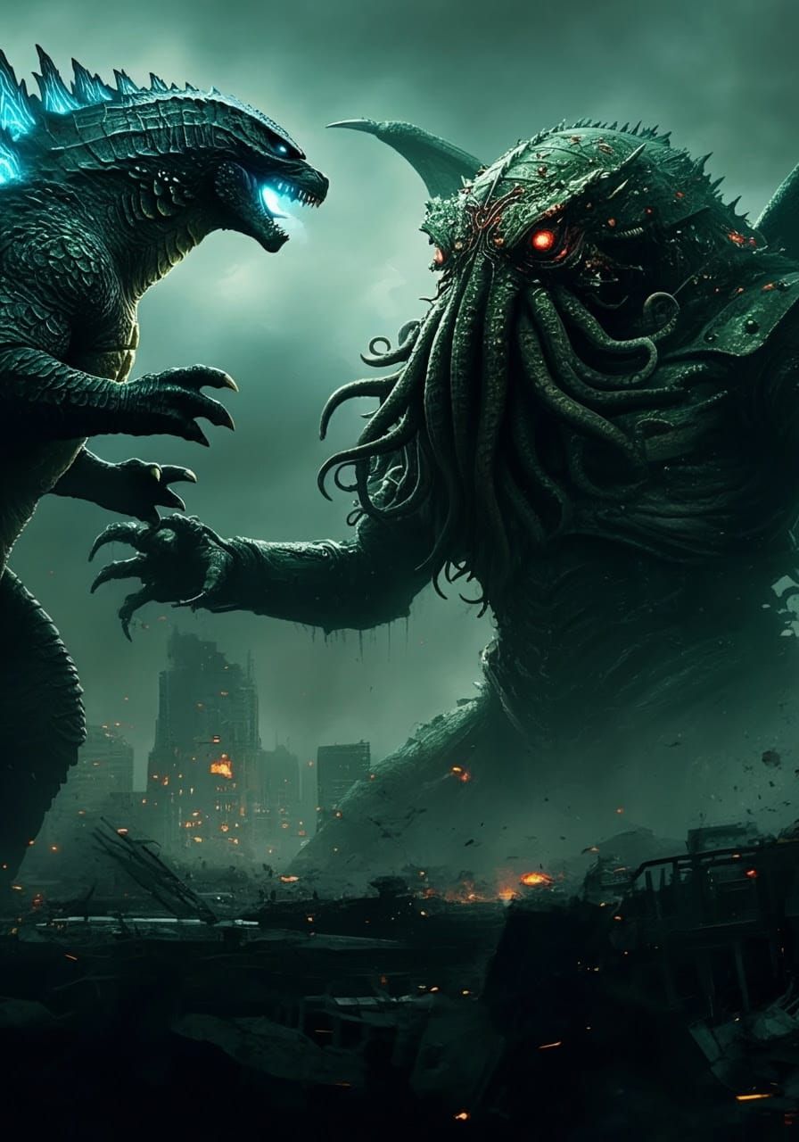Godzilla vs. Cthulhu - Godzilla Battles Cthulhu in a Dark, G...
