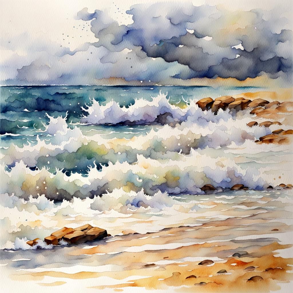 Beach, waves, impressionism, watercolour, splashes - AI Generated ...