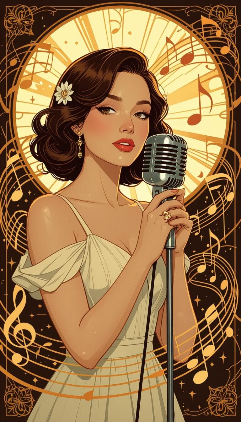 Melodic Singer with Microphone in Illustrative Sty... - AI Art