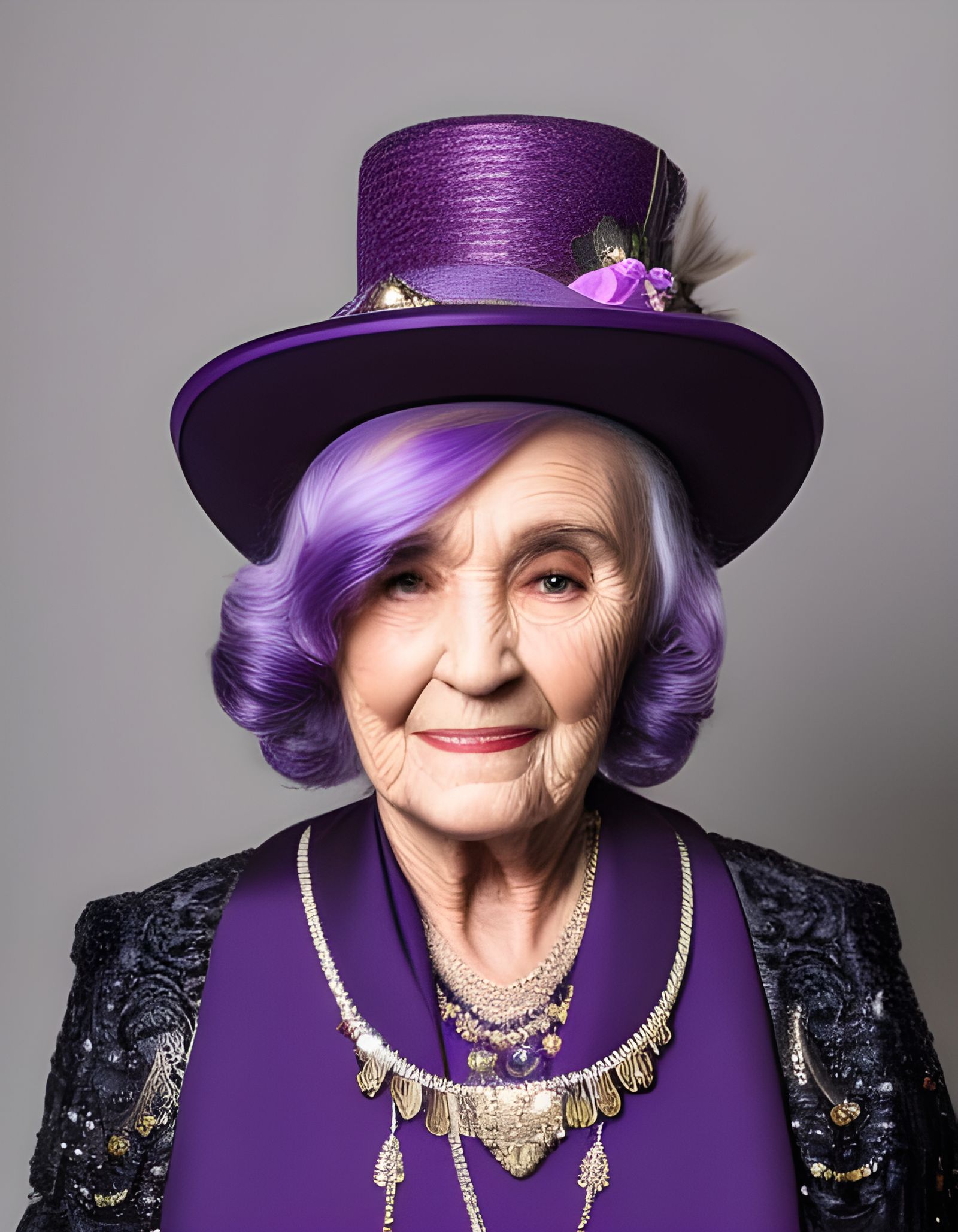 Old Lady with purple hair, purple hat, purple dress, intricately ...