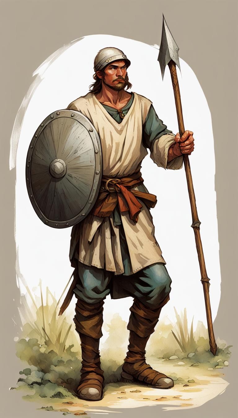 peasant with spear and shield, full body, standing, art by Dungeons ...